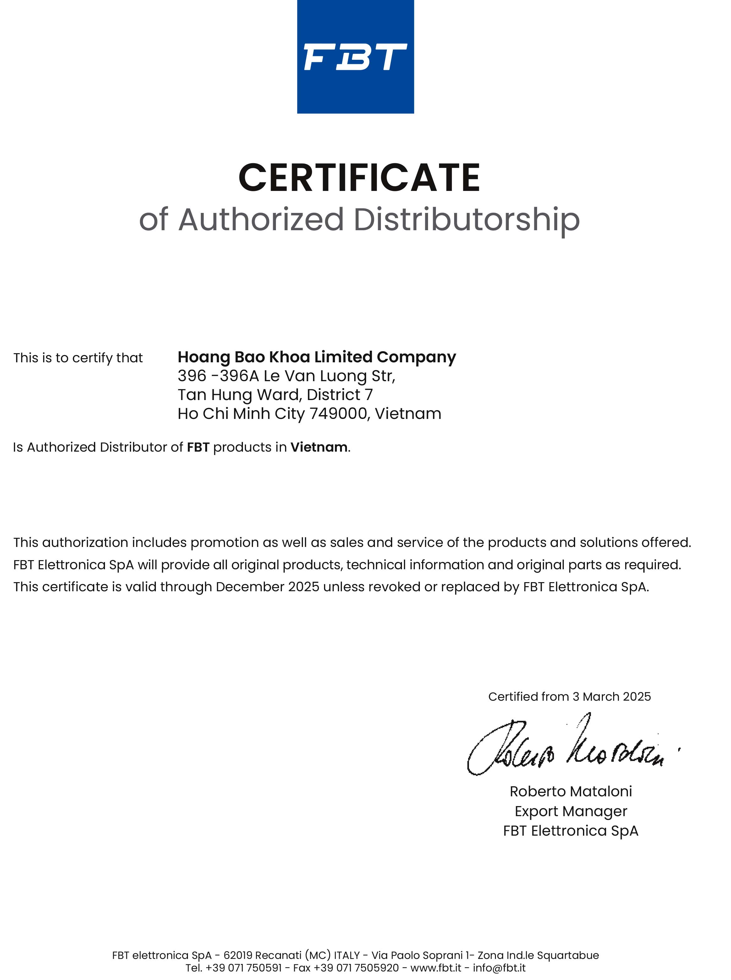 FBT distributor certificate